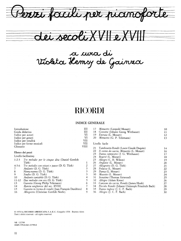 Pezzi Facili Dei Secoli XVII e XVIII (Ricordi) | PDF
