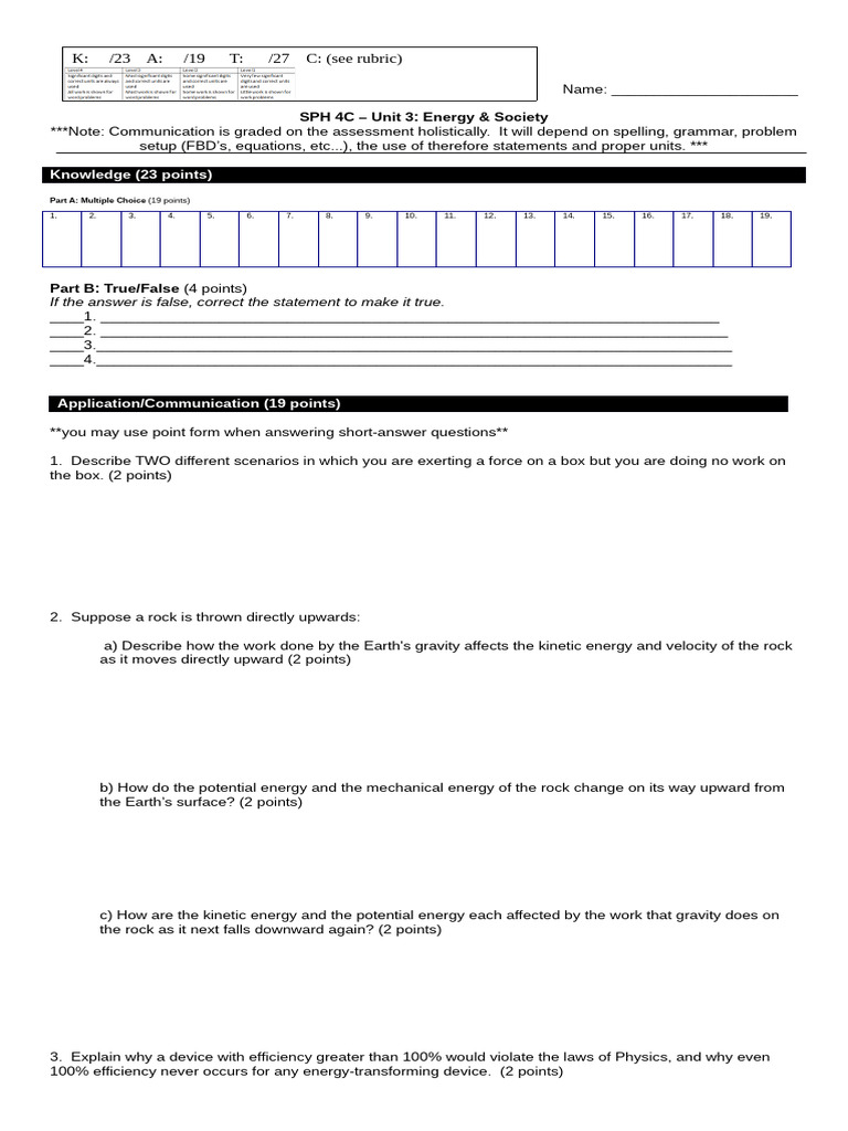 SPH4C Energy - Test 2017 For Webpage | PDF | Potential Energy | Force