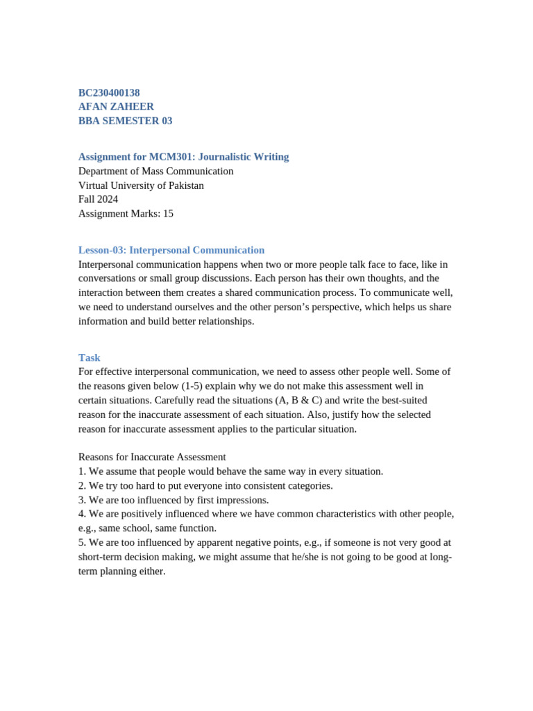 Mcm301 Assignment Bc230400138 Pdf Interpersonal Communication