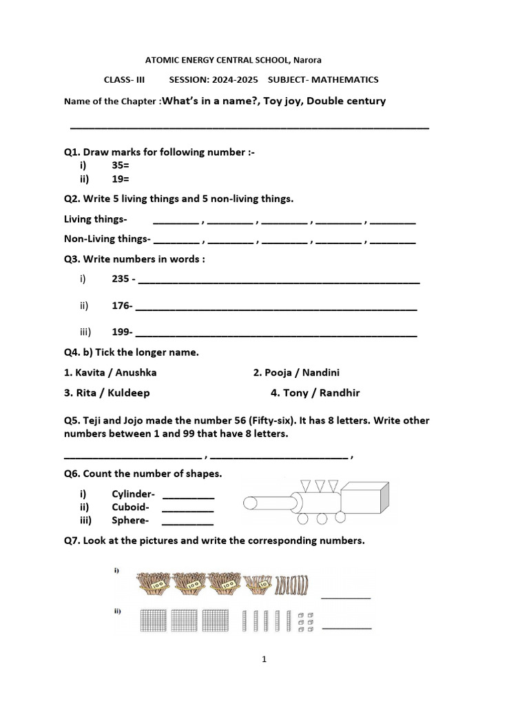 Class 3 Mathematics Worksheet 2024-25 | PDF