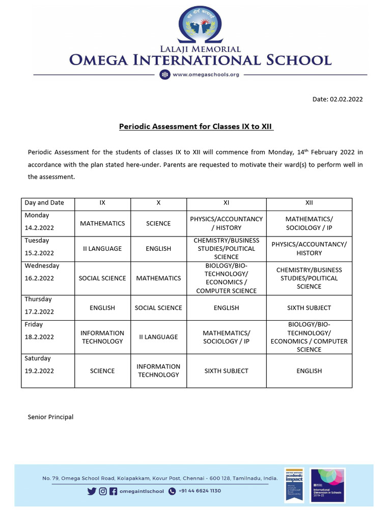 Periodic Assessment Timetable - Class Ix To Xii - 2 Feb 2022 | PDF ...