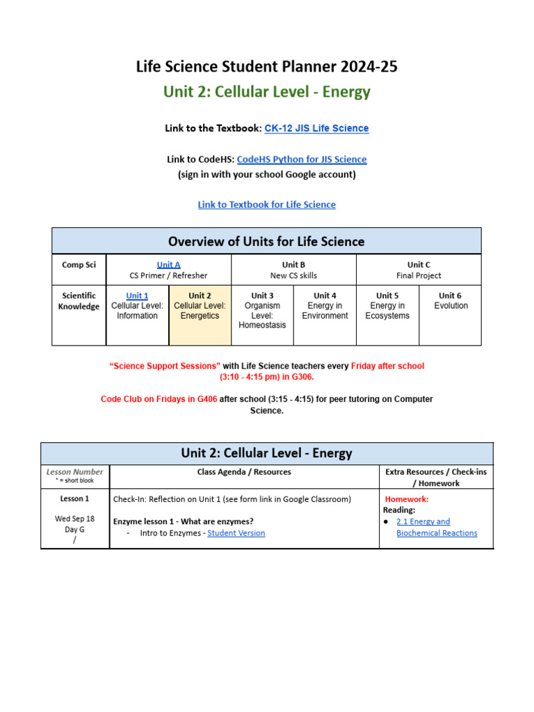Copy of Unit 2 - Life Science Student Planner 24-25 | PDF | Cellular ...