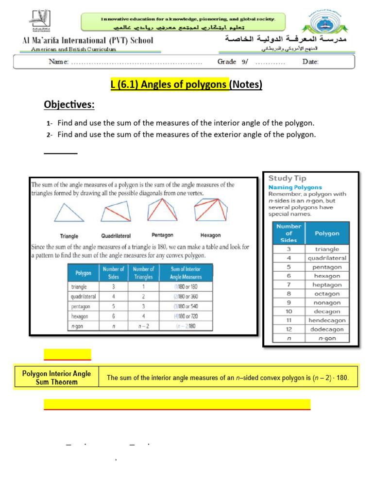 L (L6.1) Aangles of Polygons (NOTES) | PDF | Teaching Methods & Materials