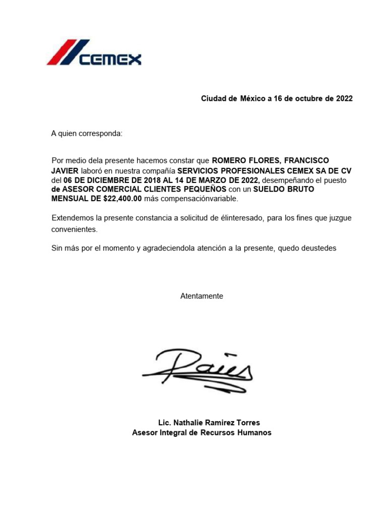 08 Constancia Francisco Romero Cemex | PDF