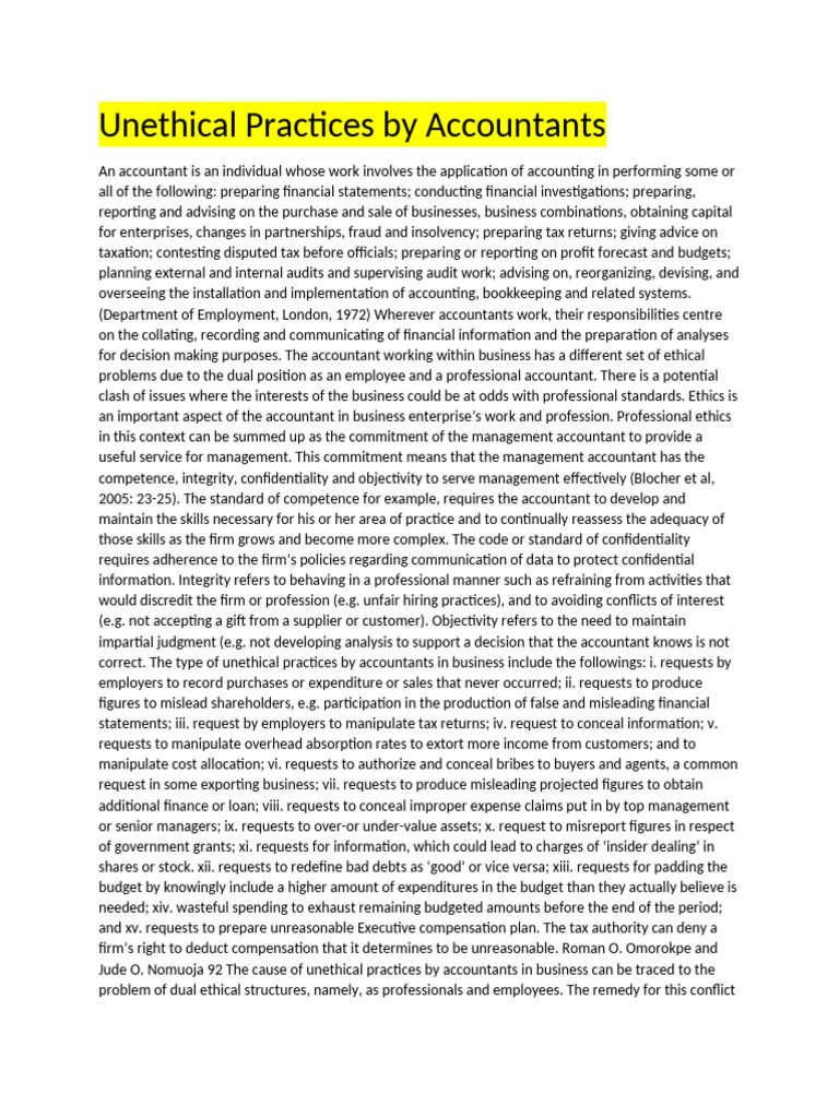 Unethical Practices by Accountants | PDF | Accounting | Audit