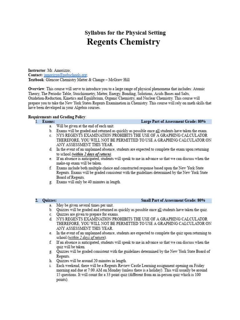 Regents Chemistry Syllabus | PDF | Chemistry | Homework