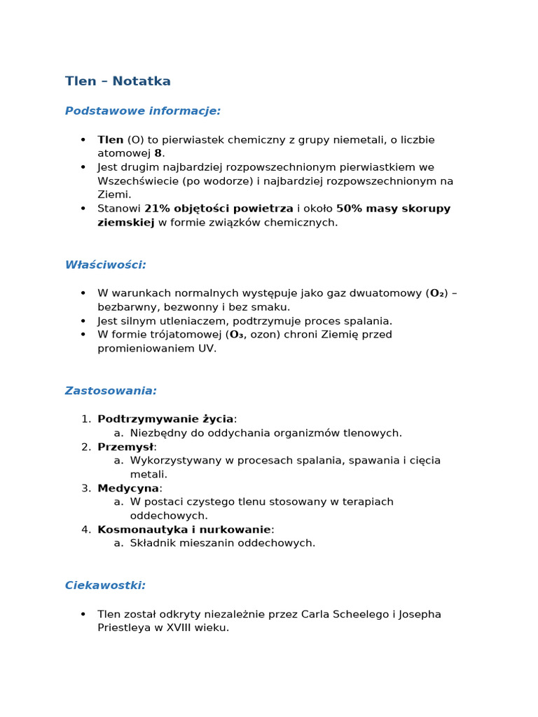 Tlen - Notatki Na Chemię | PDF