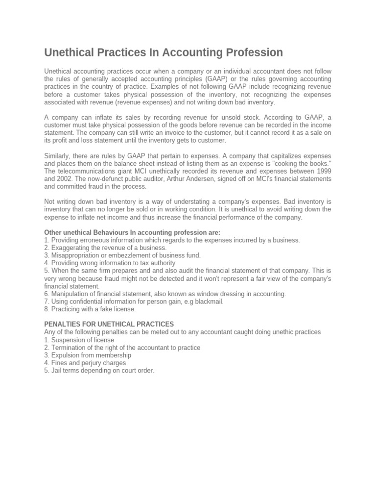 Unethical Practices in Accounting Profession | PDF | Accounting | Revenue