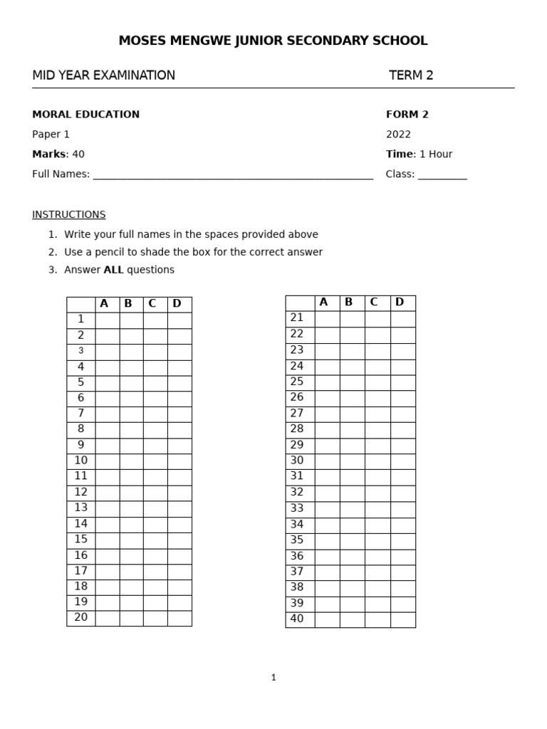 Moral Paper 1 Form 2 | PDF | Marriage | Teenage Pregnancy