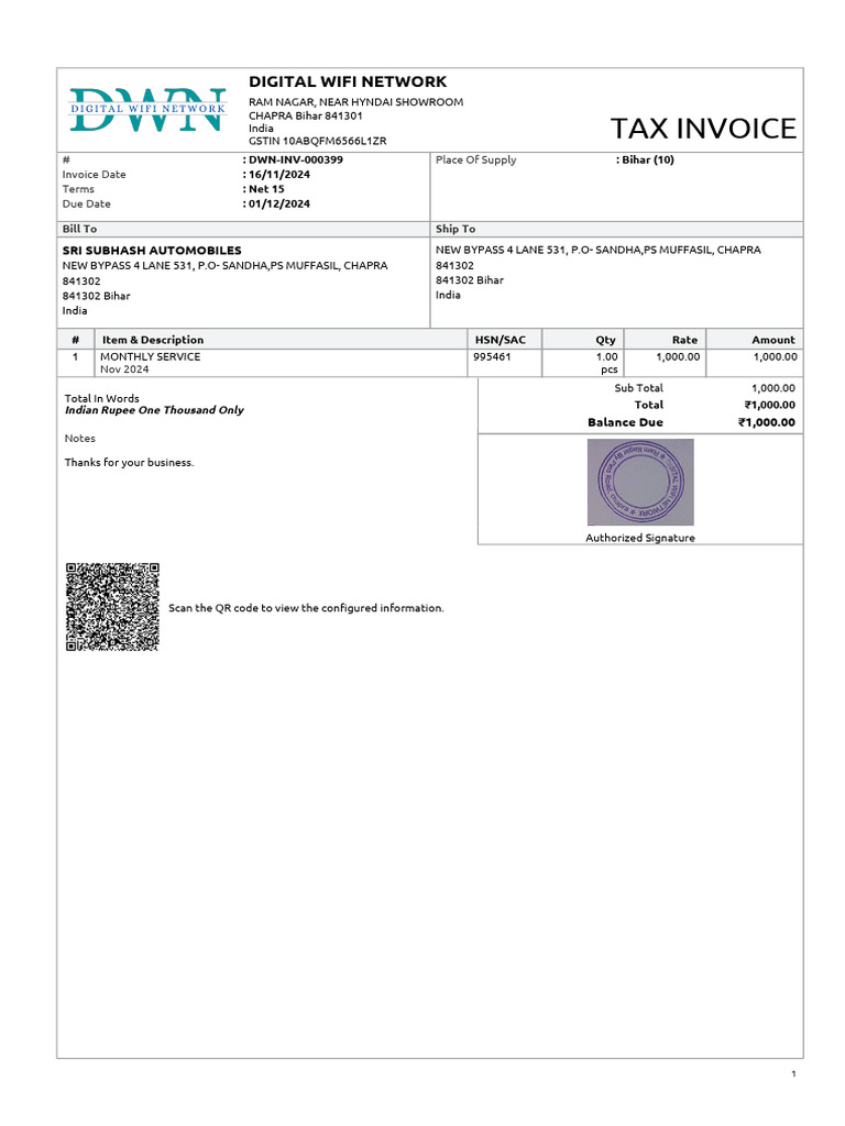 Invoice for Monthly Service - Nov 2024 | PDF