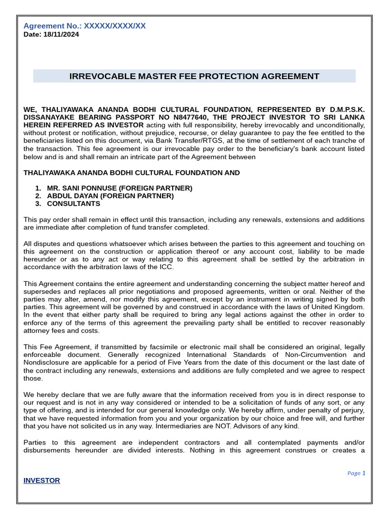 Master Fee Protection Agreement 1.2 | PDF | Employment | Business