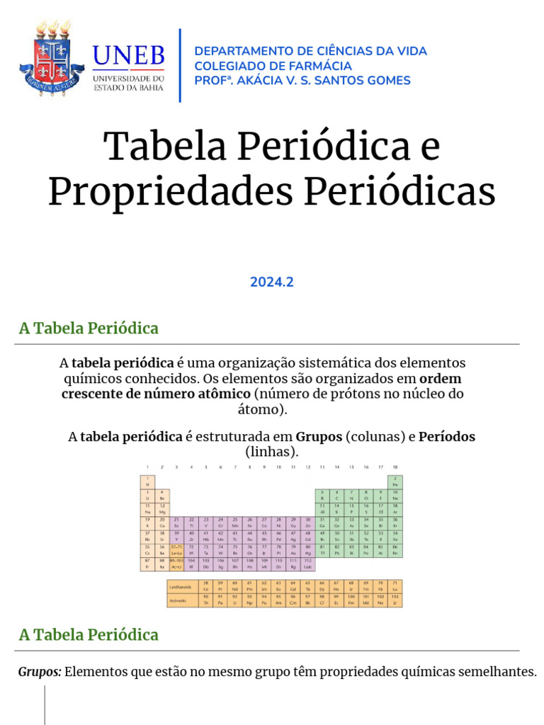 Tabela Periódica e Propriedades Químicas | PDF | Tabela periódica | Átomos