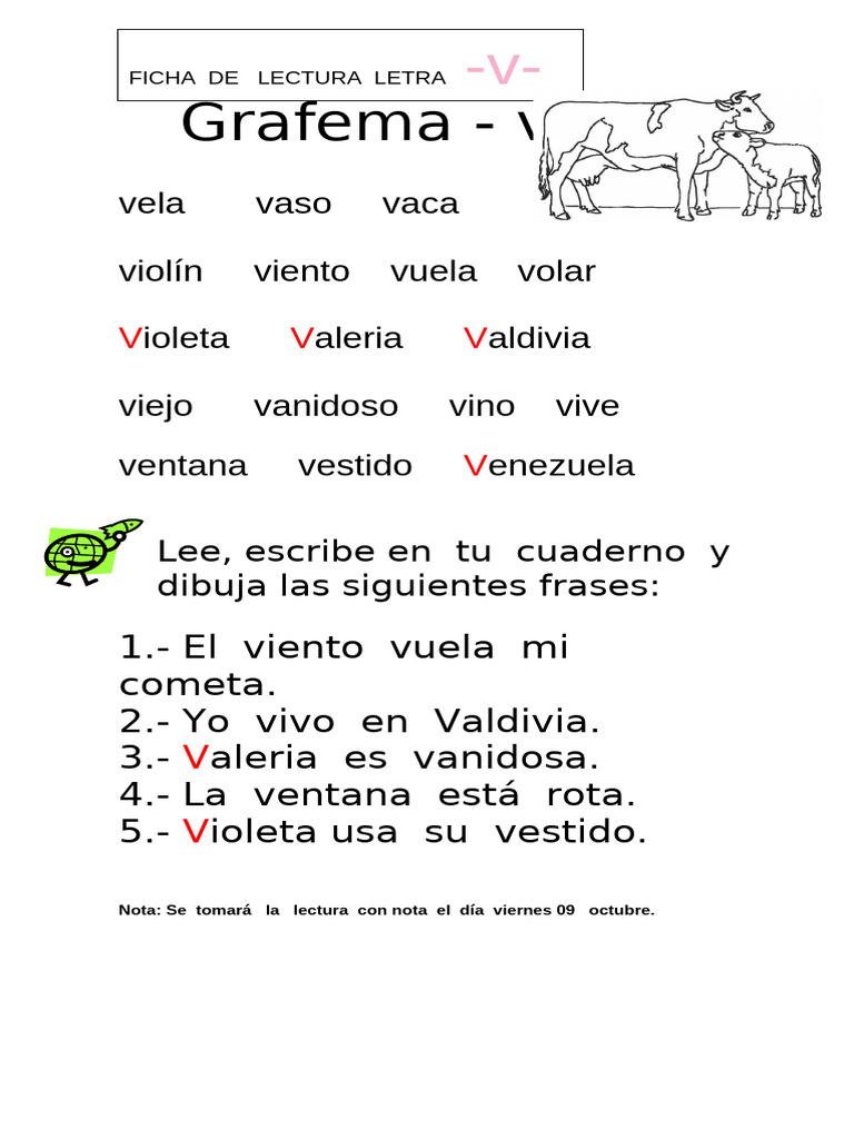 Ficha de Lectura Letra V | PDF