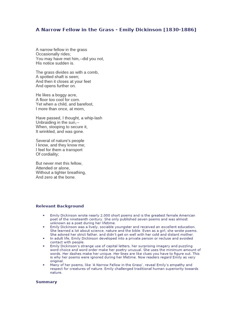 A Narrow Fellow in The Grass | PDF | Emily Dickinson | Poetry