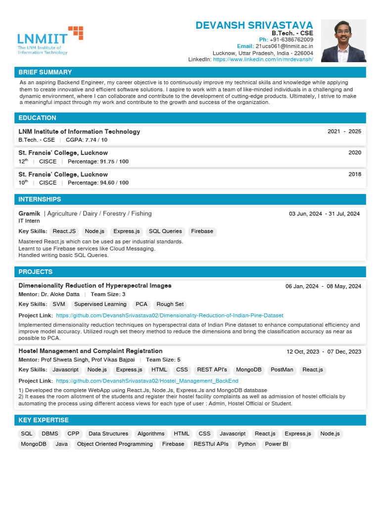 Devansh Srivastava - Batch 2025 - B.tech - CSE | PDF | Databases | Java Script