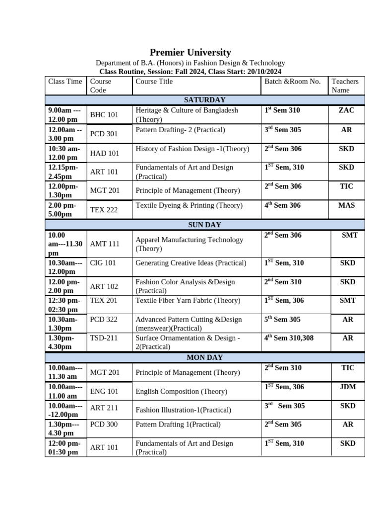 New Update Class Rutine Fall2024-1 | PDF | Textiles | Materials