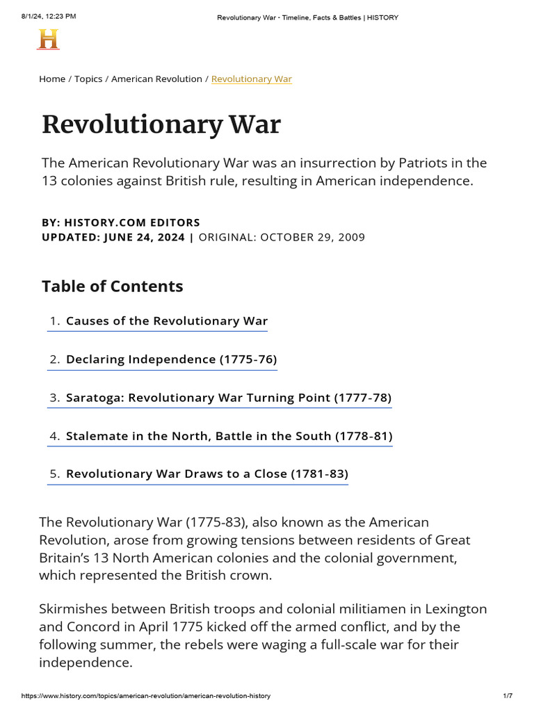 Revolutionary War Timeline, Facts & Battles - HISTORY | PDF | American ...