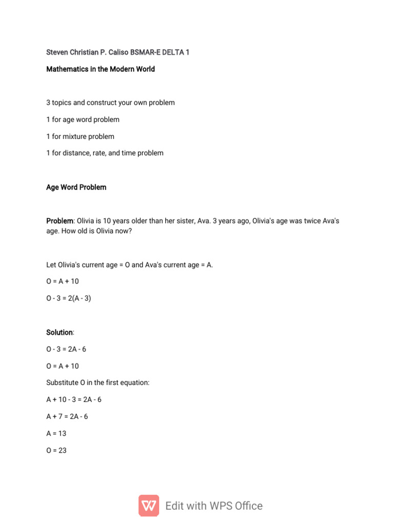 Solving: Age Word Problem, Mixture Problem, Distance Rate and Time Problem | PDF