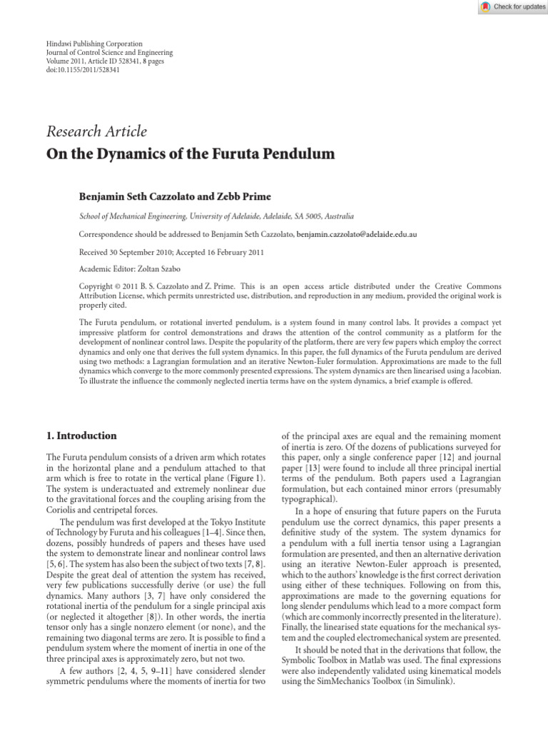 Journal of Control Science and Engineering - 2011 - Cazzolato - On The Dynamics of The Furuta ...