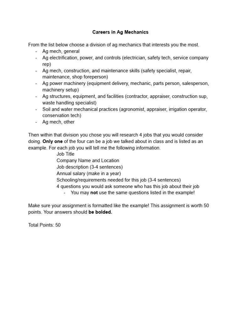 Careers in Ag Mech Assignment Directions | PDF | Agriculture