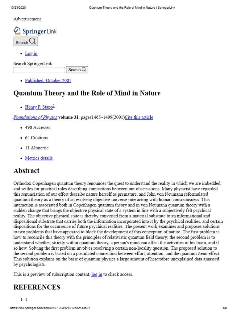 Quantum Theory and The Role of Mind in Nature SpringerLink | PDF ...