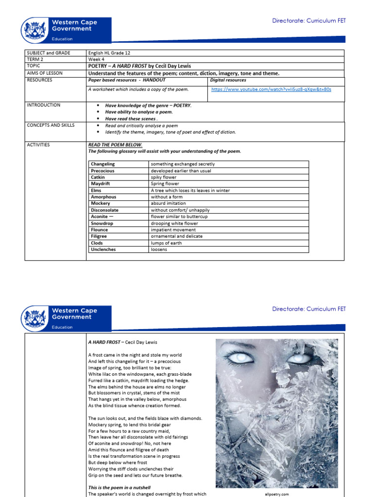 English HL Poetry Grade 12 Term 2 Week 4 20202 | PDF | Frost | Poetry