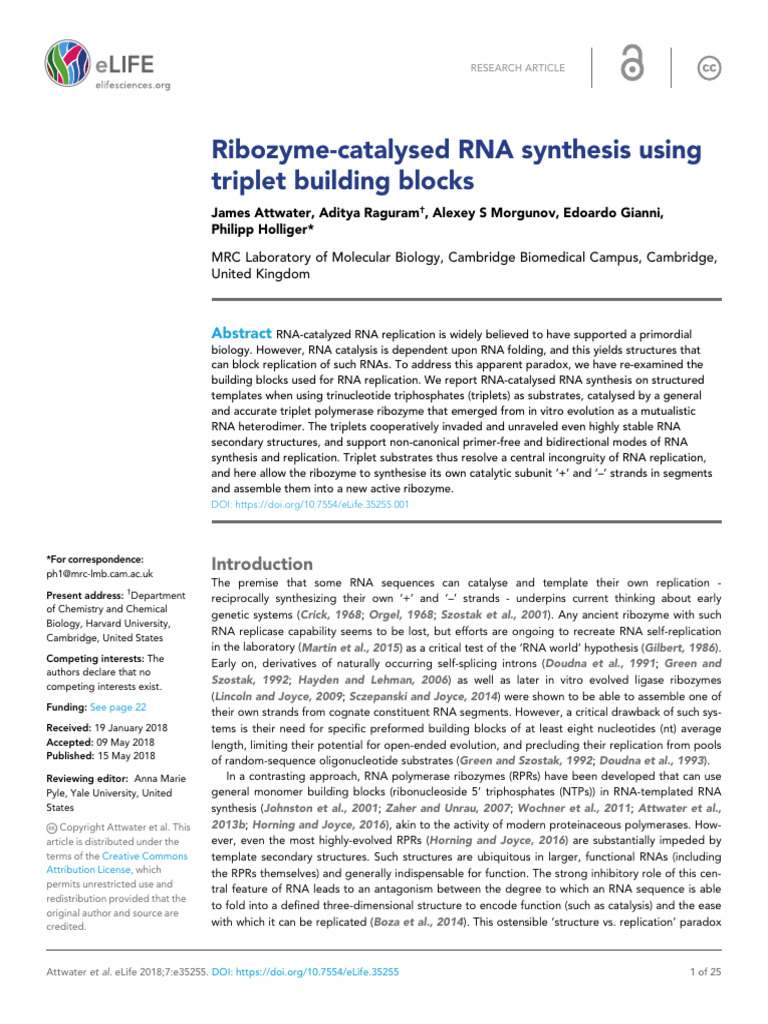 Attwater Et Al 2018 - Ribozyme-Catalyzed RNA | PDF | Rna | Dna