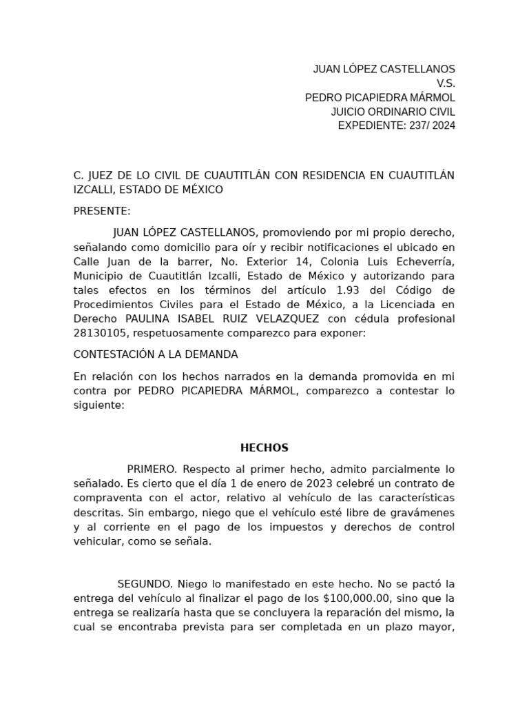 Contestación a Demanda Civil | PDF | Derecho