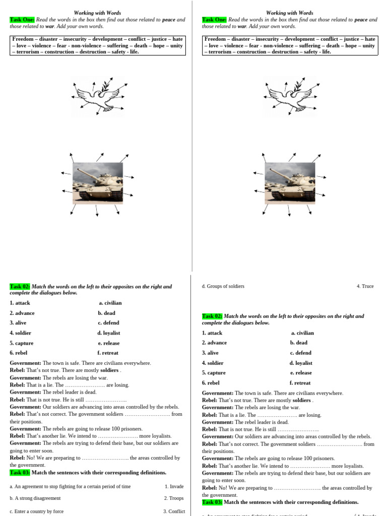 Peace and War Vocabulary Exercise | PDF | Warfare | Violence