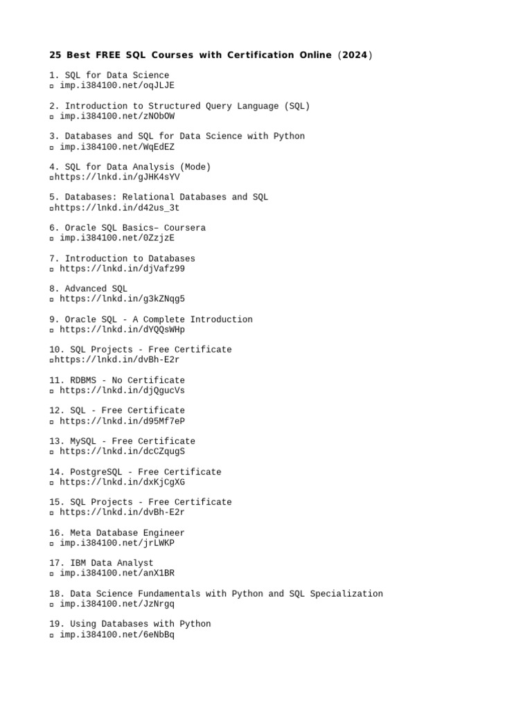 25 Free SQL Courses with Certification | PDF | Business | Technology ...