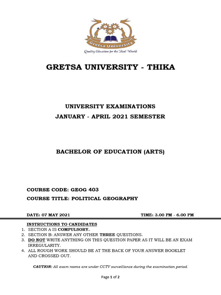 Geog 403 Exams Jan-April 2021 | PDF | Kenya | Elections