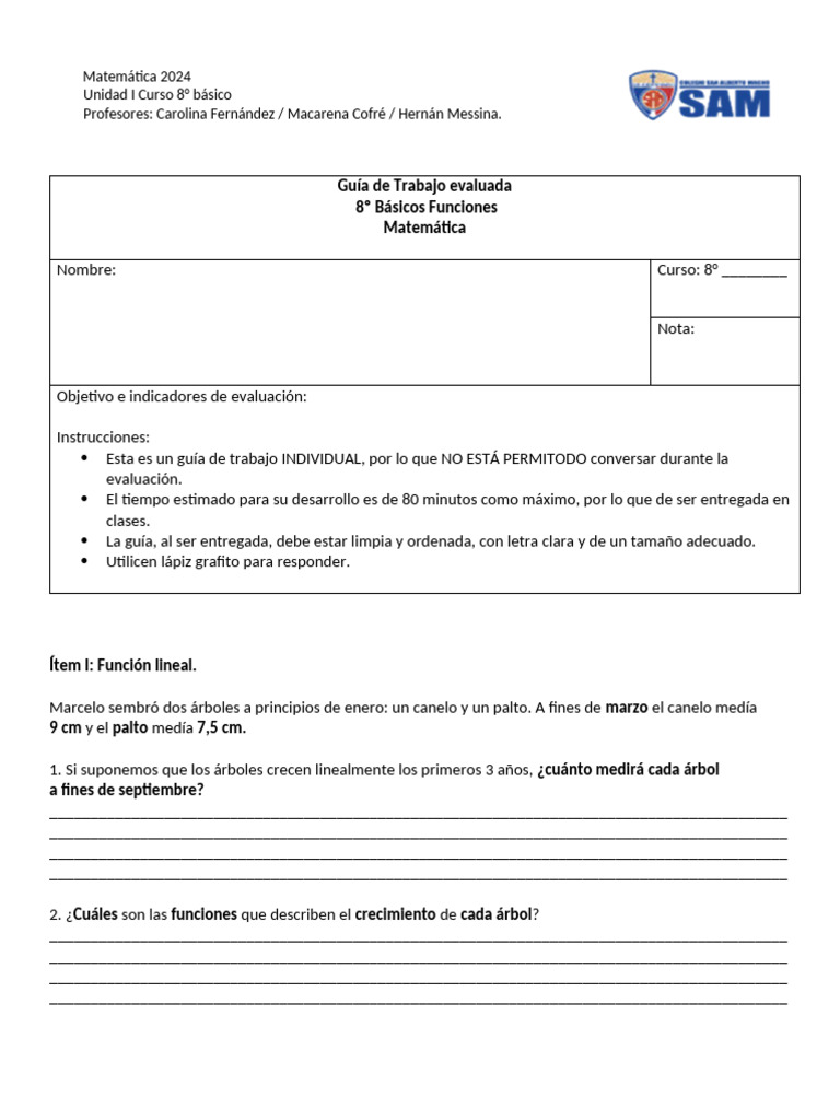 Guia Evaluada - Funciones - Matemática 8° Básico. | PDF