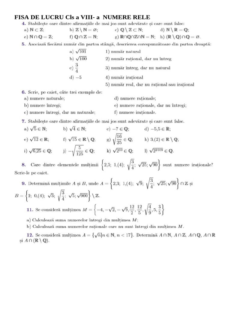Fisa de Lucru Cls A Viii Numere Reale | PDF
