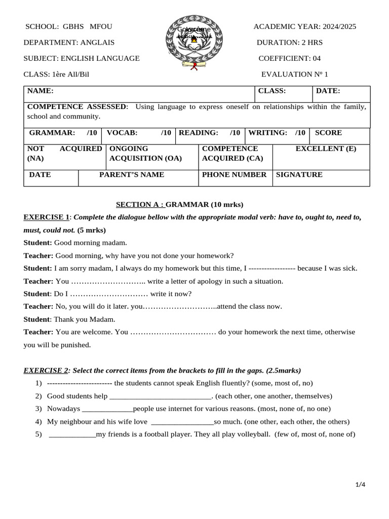 FIRST EVAL 1ère GBHS 2025 - 054107 | PDF | Mediation