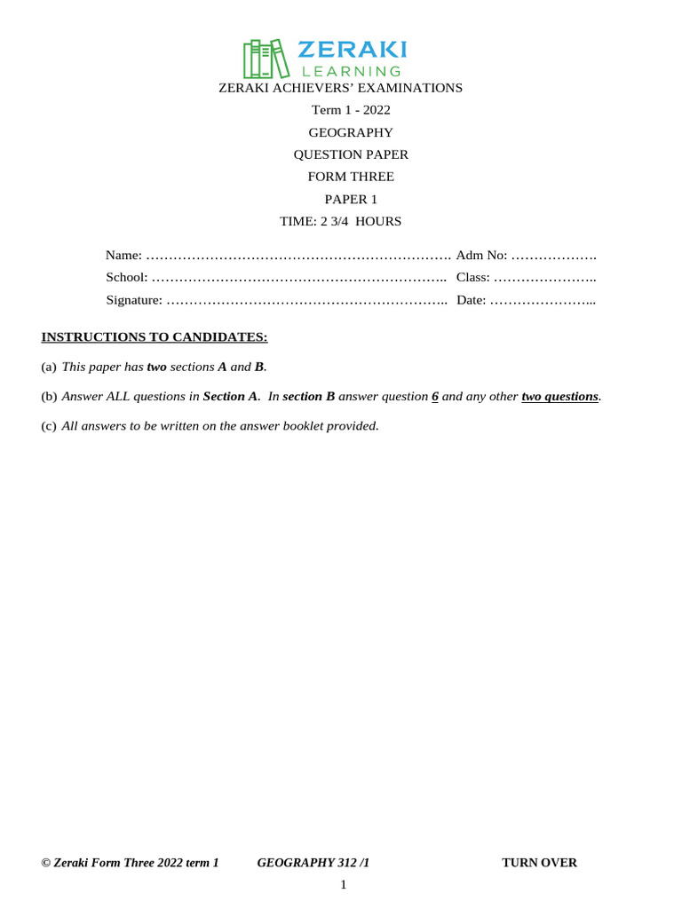 Geography Form 3 - Question Paper | PDF | River | Earth