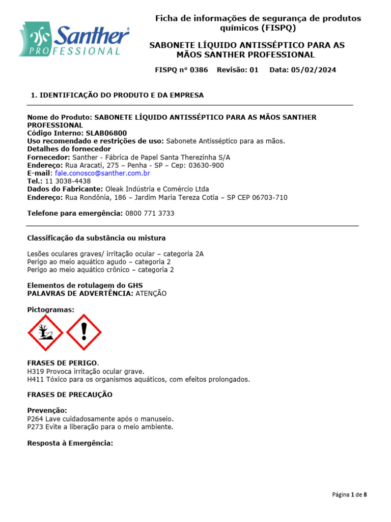 FISPQ - Sabonete Líquido Antisséptico Santher | PDF | Solubilidade | Vapor