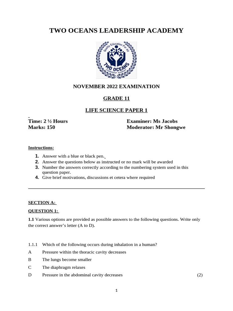 Grade 11 Life Science Nov Exam P1 2022 | PDF | Photosynthesis | Digestion