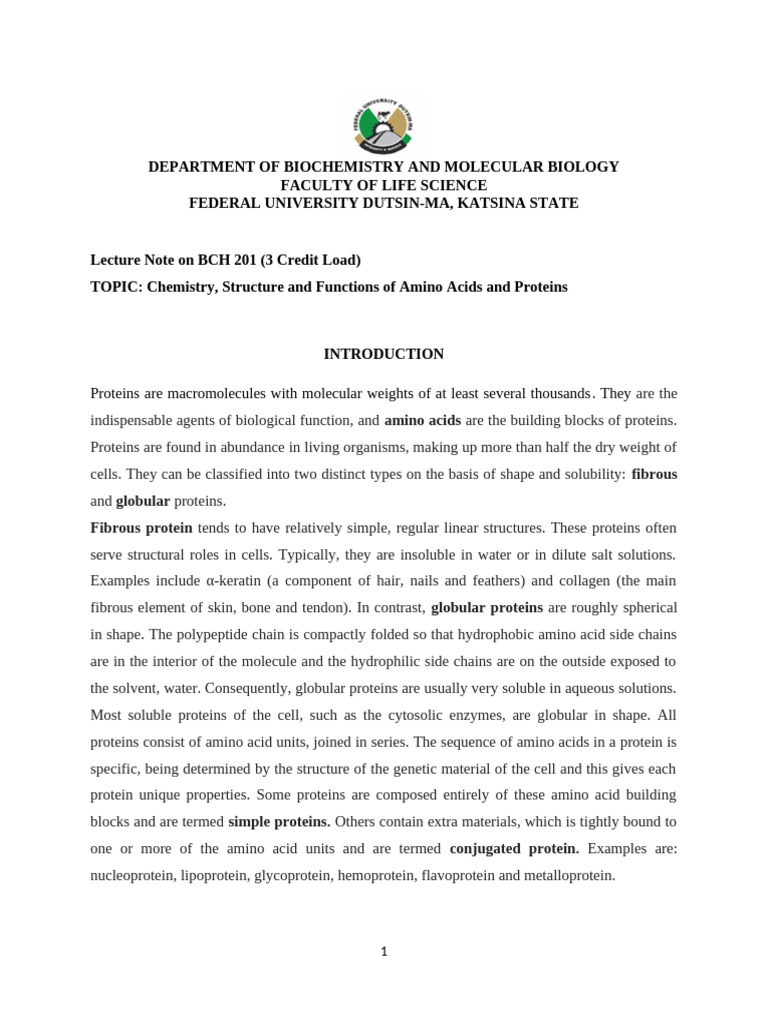 BCH 201 Amino Acids and Proteins | PDF | Amino Acid | Proteins