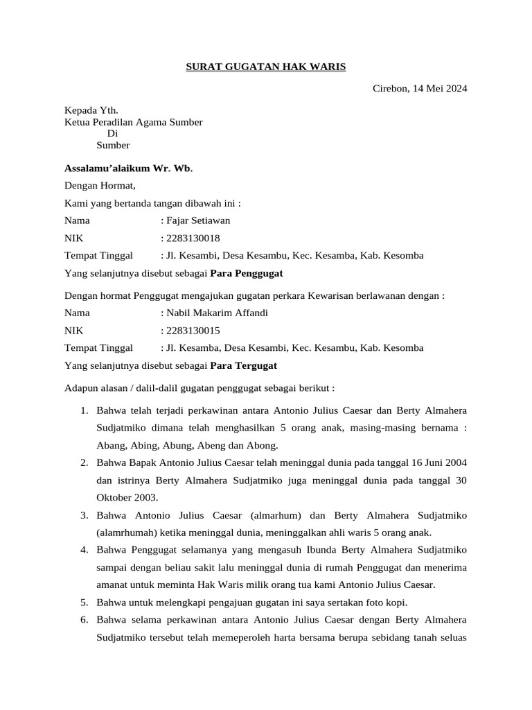 Fajar Setiawan - Htn4a - Surat Gugatan | PDF