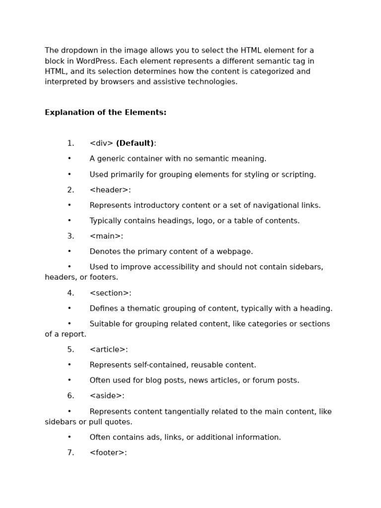 The Dropdown In The Image Allows You To Select The Html Element For A Block In Wordpress Pdf