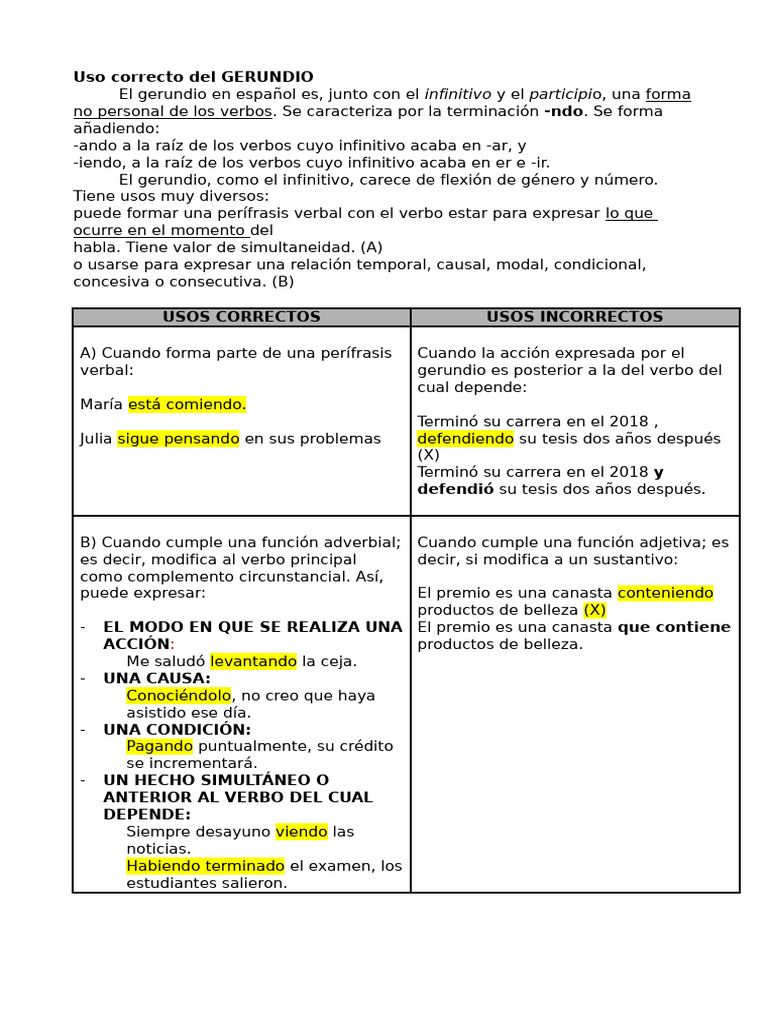 Usos correctos del gerundio en español | PDF | Artes del Lenguaje y ...