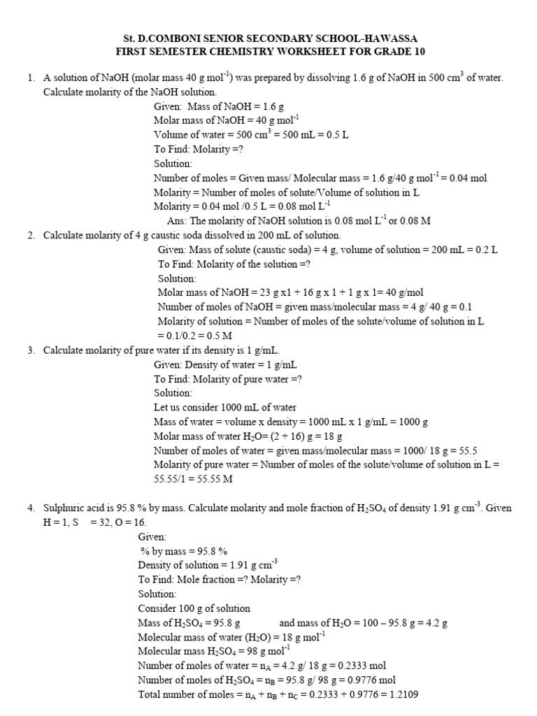 Grade 10 Chemistry Molarity Calculations | PDF | Molar Concentration ...