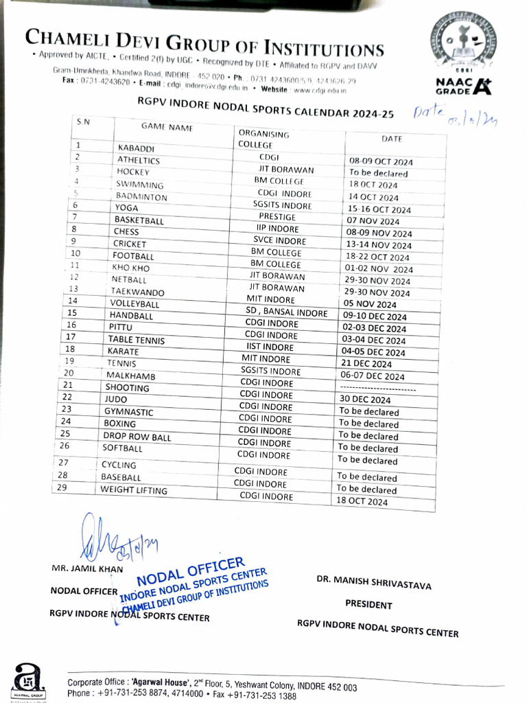 Updated RGPV Indore Nodal Sports Calendar 2024-25 | PDF | Team Sports | Ball Games