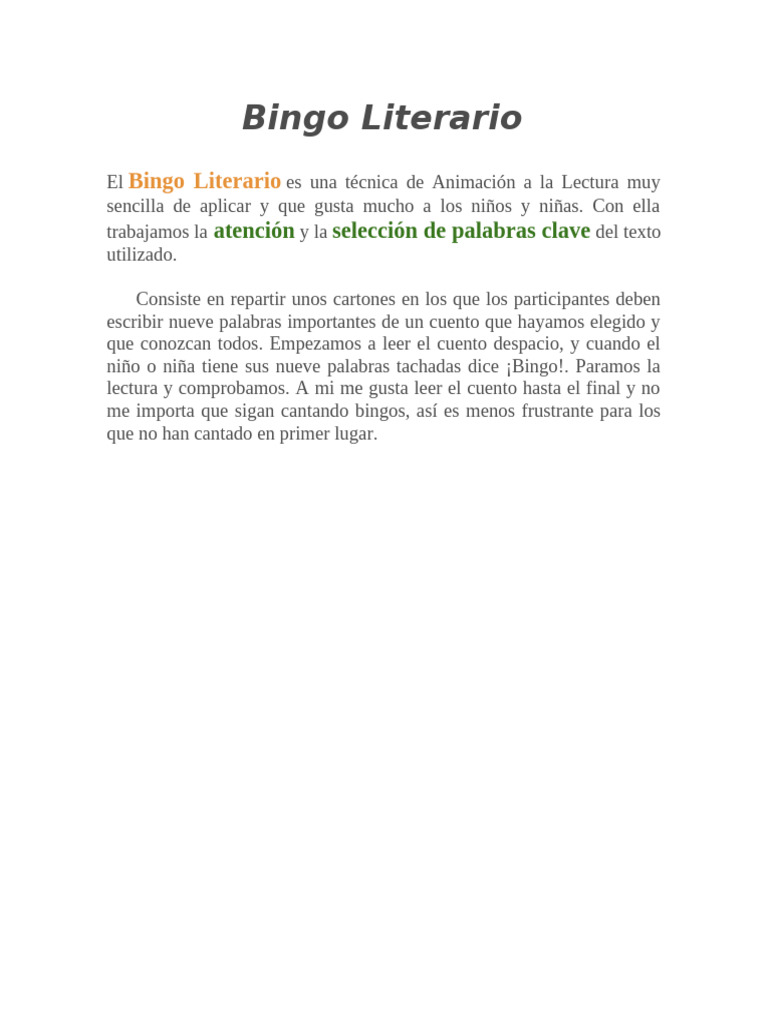 Bingo Literario | PDF | Cuentos