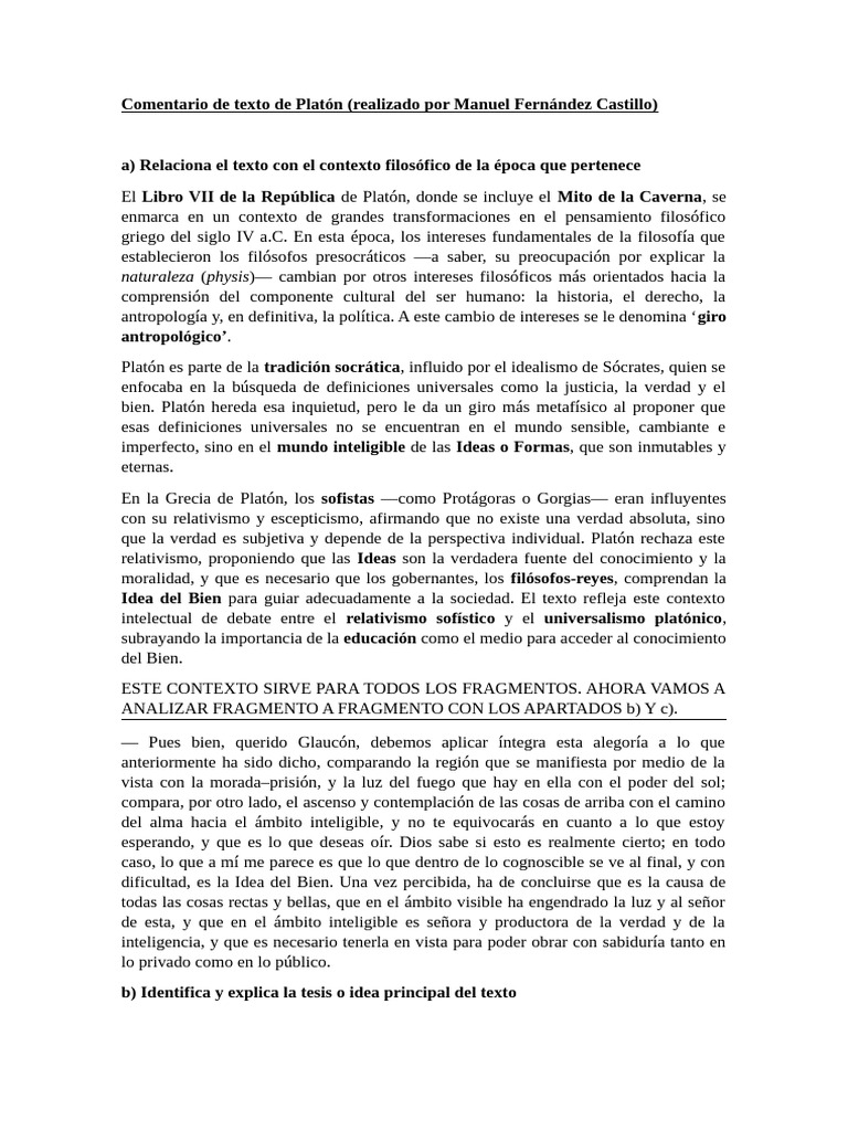 Comentario de Texto Platón | PDF | Platón | Conocimiento