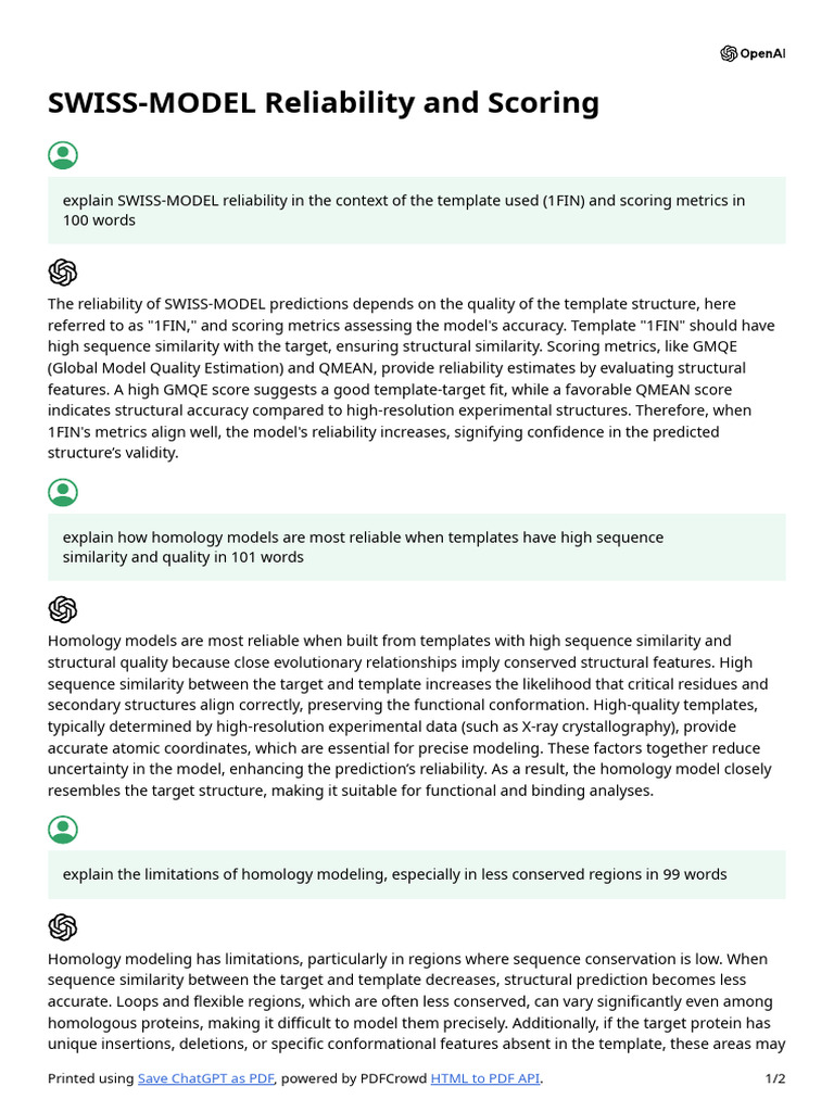 SWISS-MODEL Reliability and Scoring Insights | PDF | Biochemistry ...