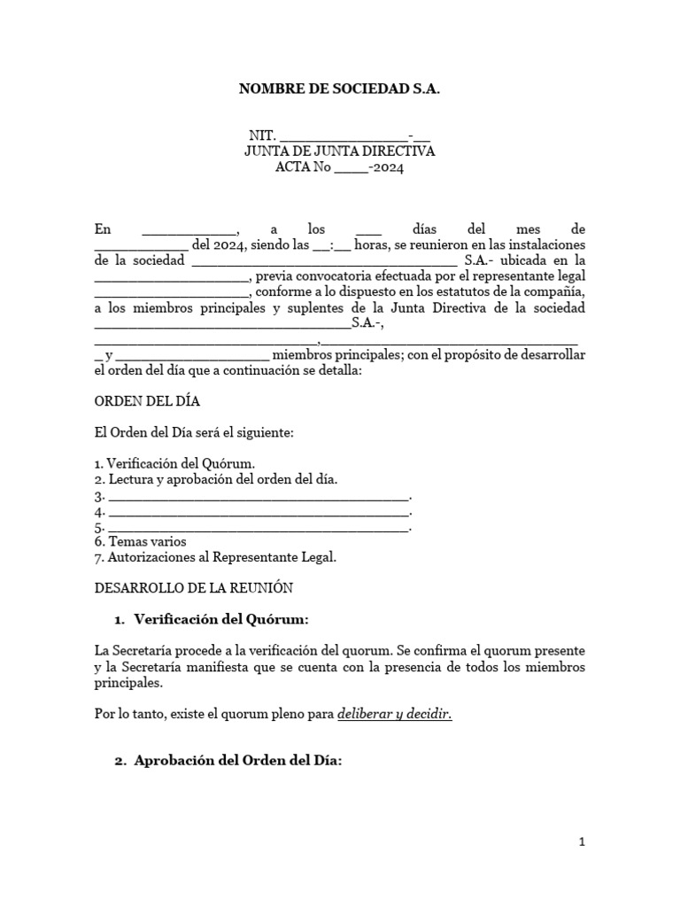 Formato de ACTA JUNTA DIRECTIVA ORDINARIA | PDF | Gobierno