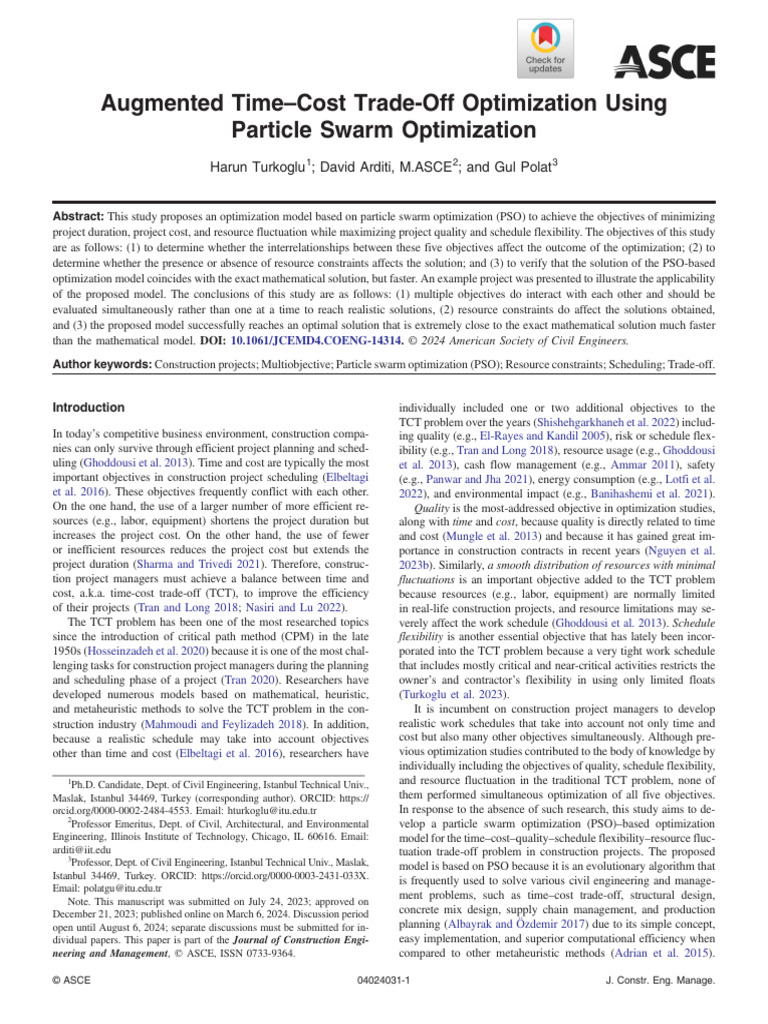 Turkoglu Et Al 2024 Augmented Time Cost Trade Off Optimization Using Particle Swarm Optimization ...