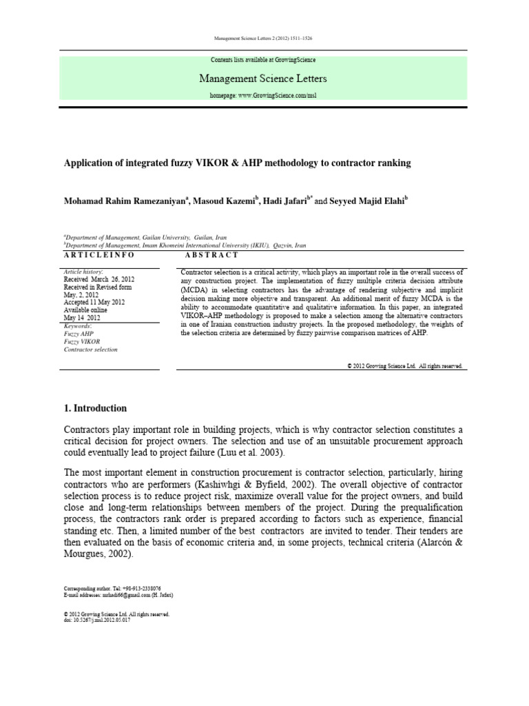 Fuzzy VIKOR Method for Contractor Ranking | PDF | Fuzzy Logic
