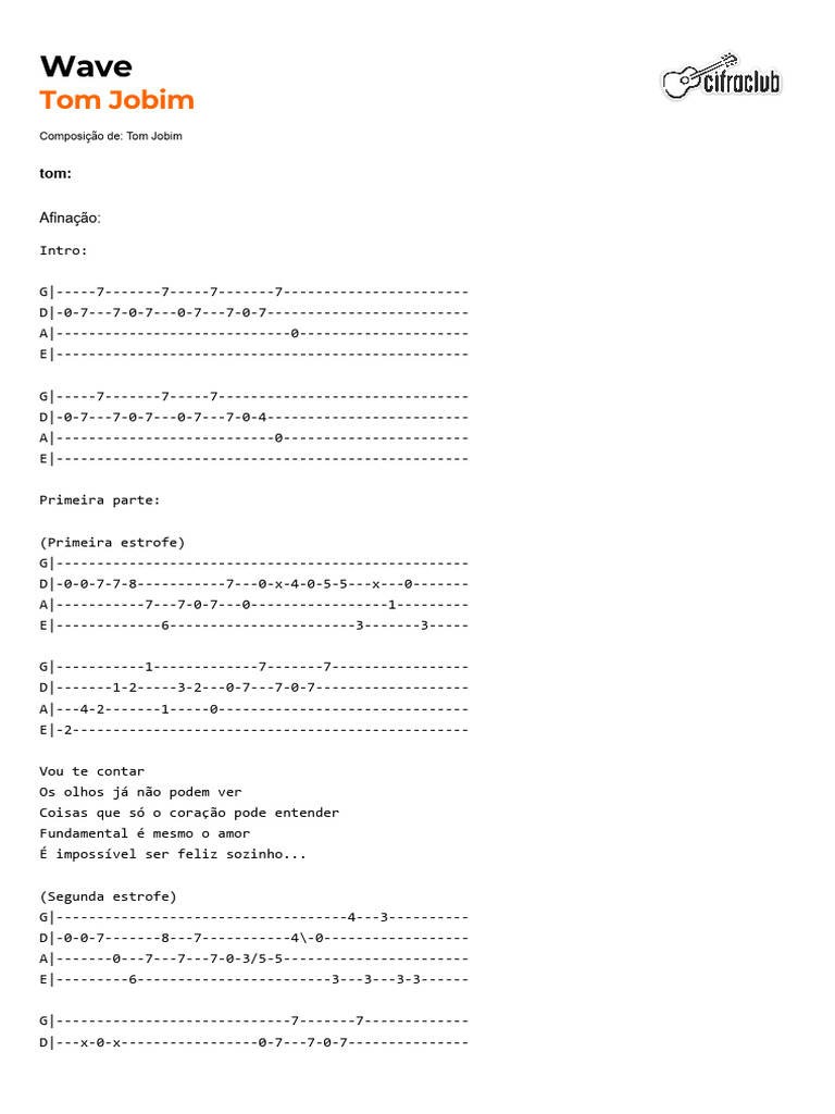 Tab de Baixo: "Wave" de Tom Jobim | PDF | Métodos e Materiais de Ensino ...
